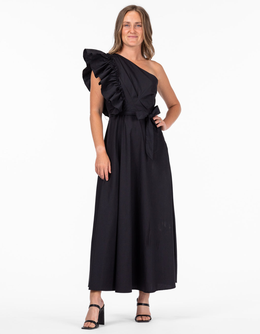Poole One Shoulder Frill Midi Dress in Black – Karma Kameleon